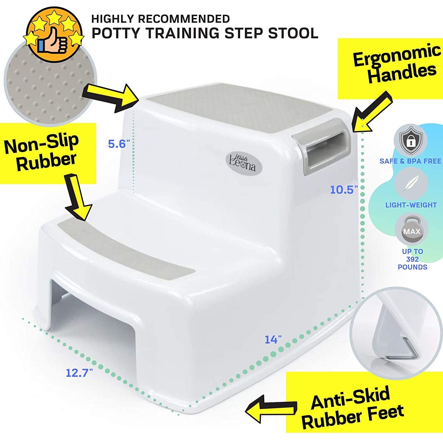 Dual Height 2 Step Stool for Kids | Slip Resistant Soft Grip Toddler's Stool for Potty Training and Use in The Bathroom or Kitchen | BPA Free for Comfort and Safety (2 Pack, Grey)