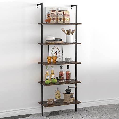 AKTOP Industrial Bookshelf Ladder Shelf - Wall Mount Tall Storage Rack Etagere Shelves - 5 Tier Vintage Display Bookshelf with 2 Storage Boxes for Home Office, Living Room, Bedroom - Rustic Brown