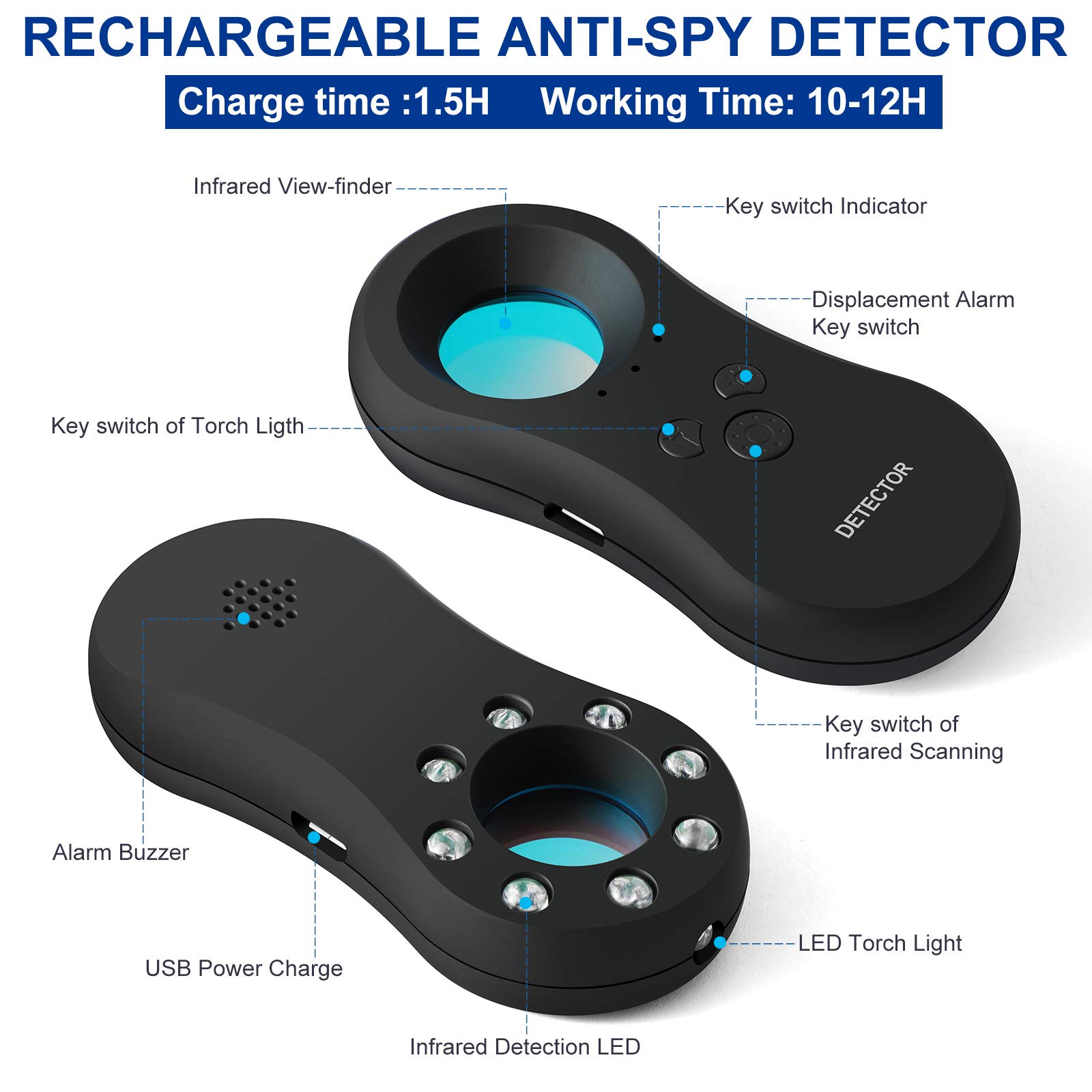 PEN&H Anti-Spy No Peeking Hidden Camera Detector with LED Flash Lights, Spy Camera Detector,Luggage and Personal Alarm 3-in-1 Functionality Defense for Indoor Home Office Travel.