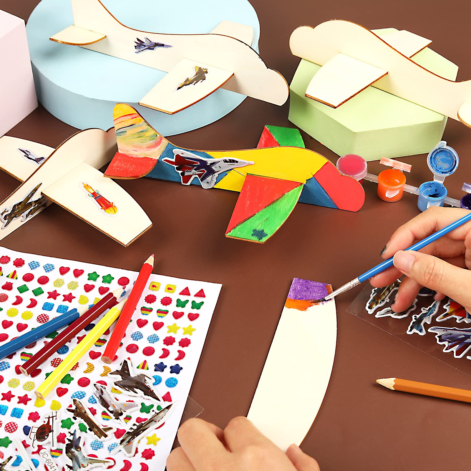 BAPHILE 12 Pack DIY Wood Planes,Mini Airplane Paint and Decorate Wooden Airplane Craft Kits with Decorate Tools for Kids School Craft Decor Projects
