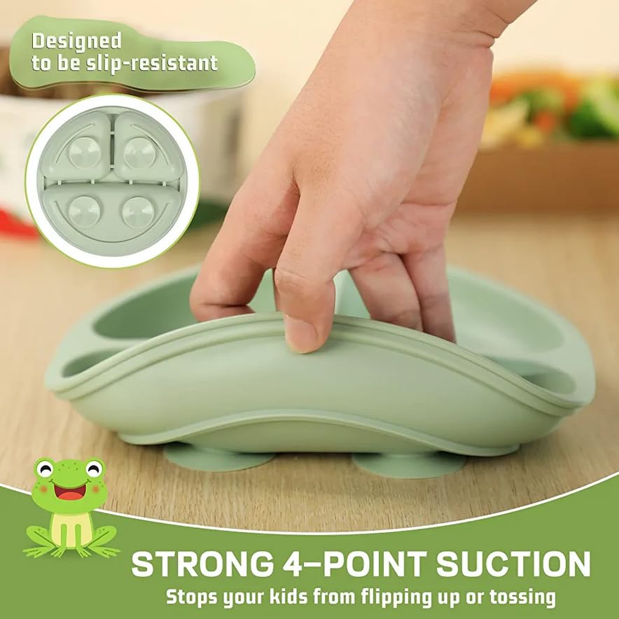 6pcs Baby Weaning Supplies, Silicone Baby Feeding Set, Suction Cup Divider with Suction Cup Adjustable Bib Soft Spoon Fork, Baby Self-Feeder Toddler Dinnerware Cutlery 6pack (Green)