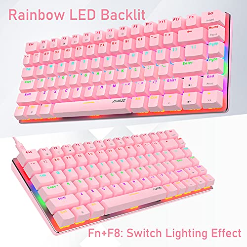 Pink Gaming Keyboard and Mouse,3 in 1 Rainbow LED Backlit Wired Mechanical Keyboard Blue Switch,RGB 6400 DPI Lightweight Gaming Mouse with Honeycomb Shell Gaming Mouse Pad for PC Gamers(Pink)