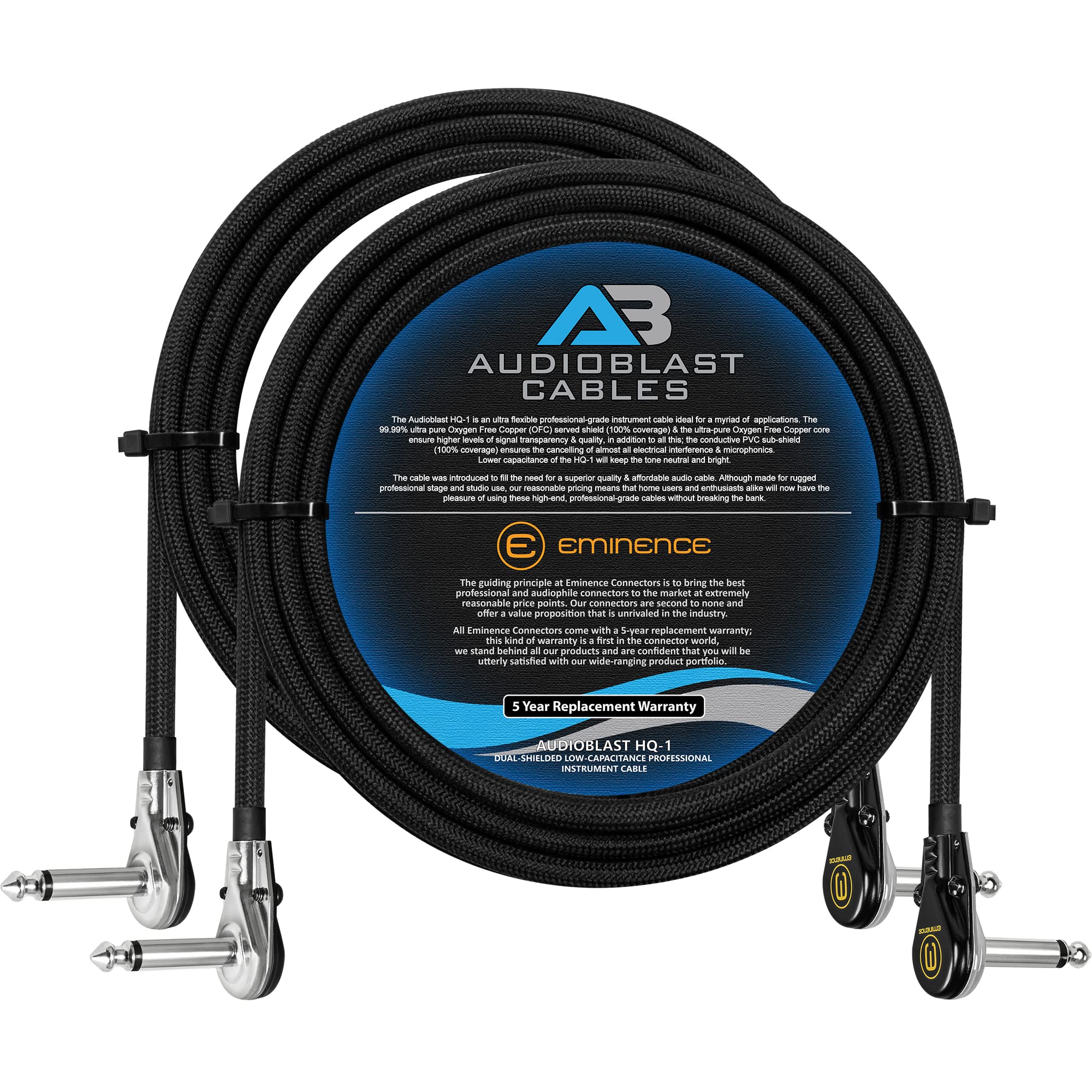 2 Units - 2.5 Foot - Audioblast HQ-1-BRAID (Black)- Flexible - Dual Shielded (100%) - Instrument Effects Pedal Patch Cable w/ ¼ inch (6.35mm) Low-Profile, R/A Pancake TS Plugs & Protective Boot