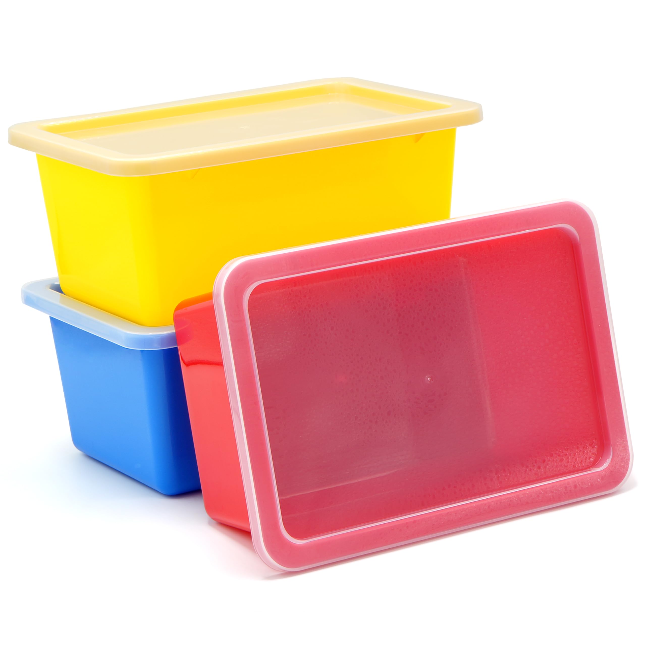 4E's Novelty Plastic Storage Bins with Lids, 5 Qt, 3 Pack, Colorful Plastic Cubby Storage Bins, Stackable Organizer Cubbies for Classroom or Home (11.4" x 7.75" x 5")