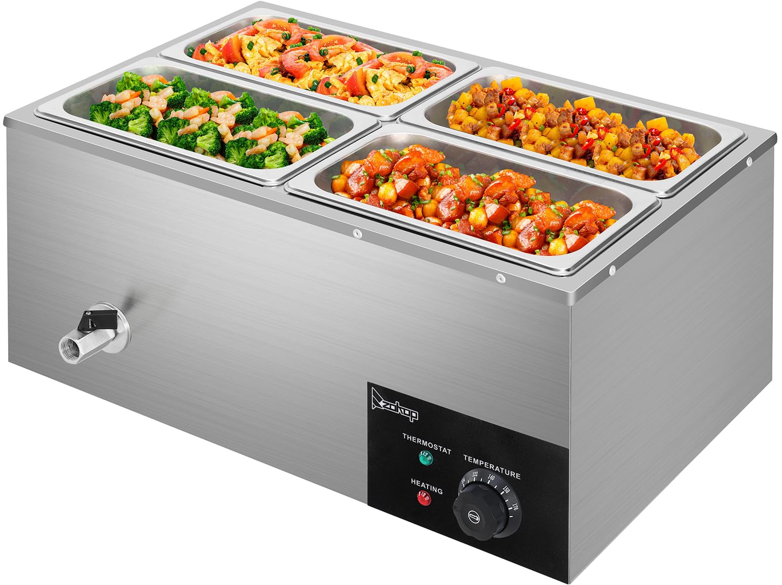 600W Commercial Food Warmer 5L x 4 Stainless Steel Plates Heating Food Warming Soup Pool 30-85°C/86-185°F