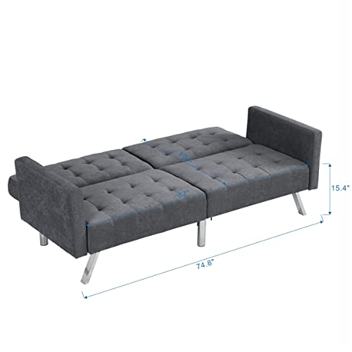 75"Convertible Folding Futon Sofa Bed,Split Back Design,Modern Fabric Sleeper Couch Bed with Armrest and Chrome Legs,Upholstered Recliner Loveseat for Living Room Apartment Dorms Office (Dark Grey)