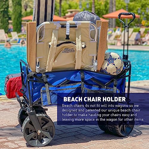 Beach Wagon Folding with Large Sand Wheels Heavy Duty Collapsible Cart with Patent Pending Beach Chair Holder Great for Ocean, Camping and Fishing β Solid Blue Color