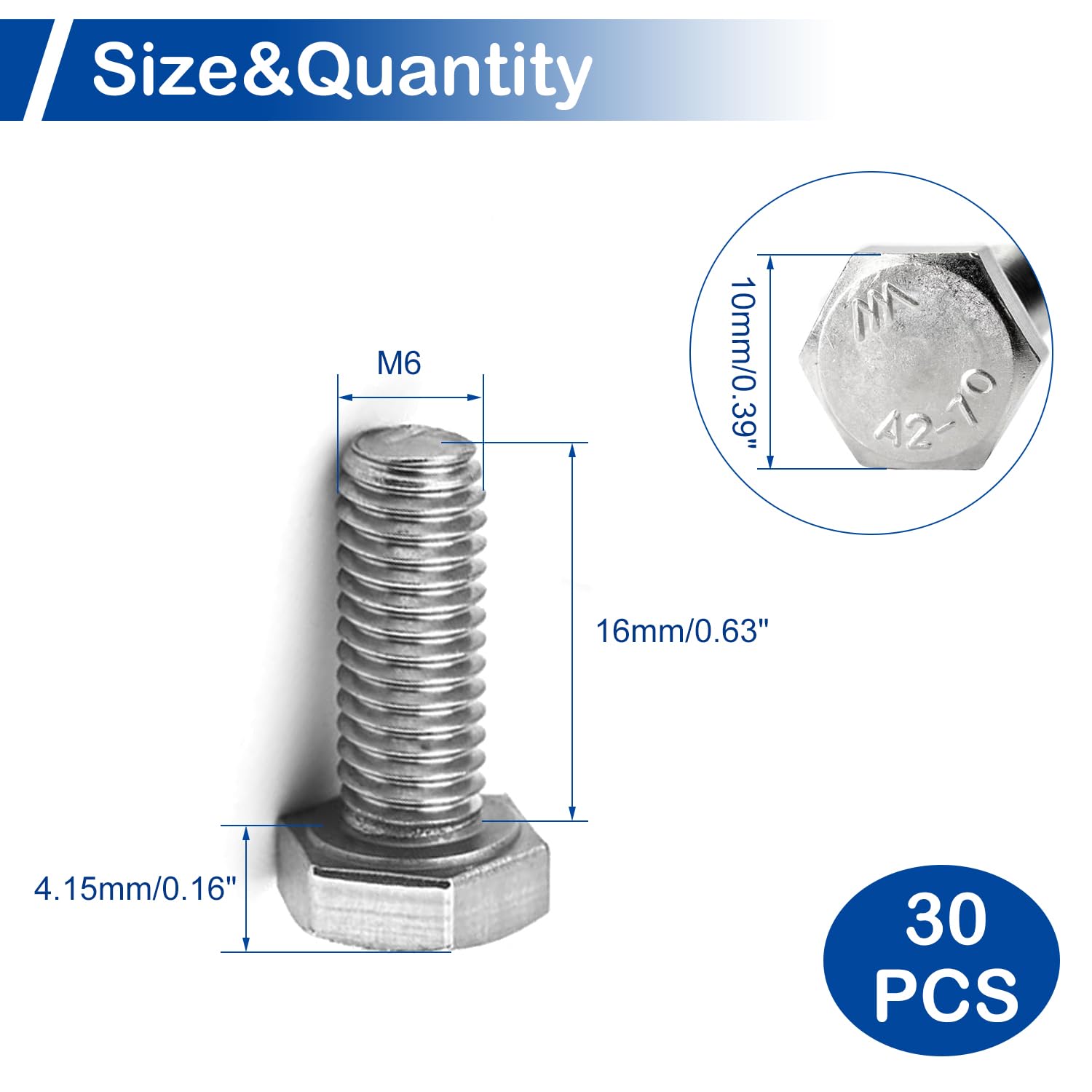 MroMax 30Pcs M6 x 16mm Hex Head Screws Bolts, 304 Stainless Steel 18-8, Fully Threaded, External Hex Drive, for Mounting Chair, Handles, Rail, Pump, Wheels, Antenna Parts, Boat and Plastic Bumpers
