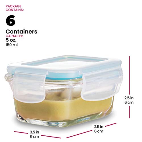 FineDine Glass Meal Prep Containers with Lids - Set of 6 Square 5 Oz Containers - Airtight, Leakproof, Microwave & Dishwasher Safe - Perfect for Snacks, Dips, and Meal Prep (Teal)