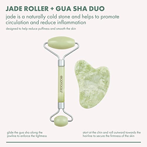 EcoTools Beauty Skin Care Tool Jade Facial Roller and Gua Sha Stone Duo, Face Roller and Massager, Skincare and Sculpting Tools, Green, Promotes Healthy Skin, Massager, 2 Piece Set, 1 Count