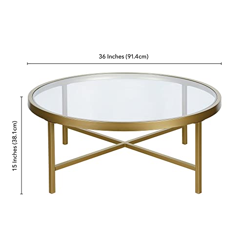 Henn&Hart 36" Wide Round Coffee Table with Glass Top in Brass, Modern coffee tables for living room, studio apartment essentials
