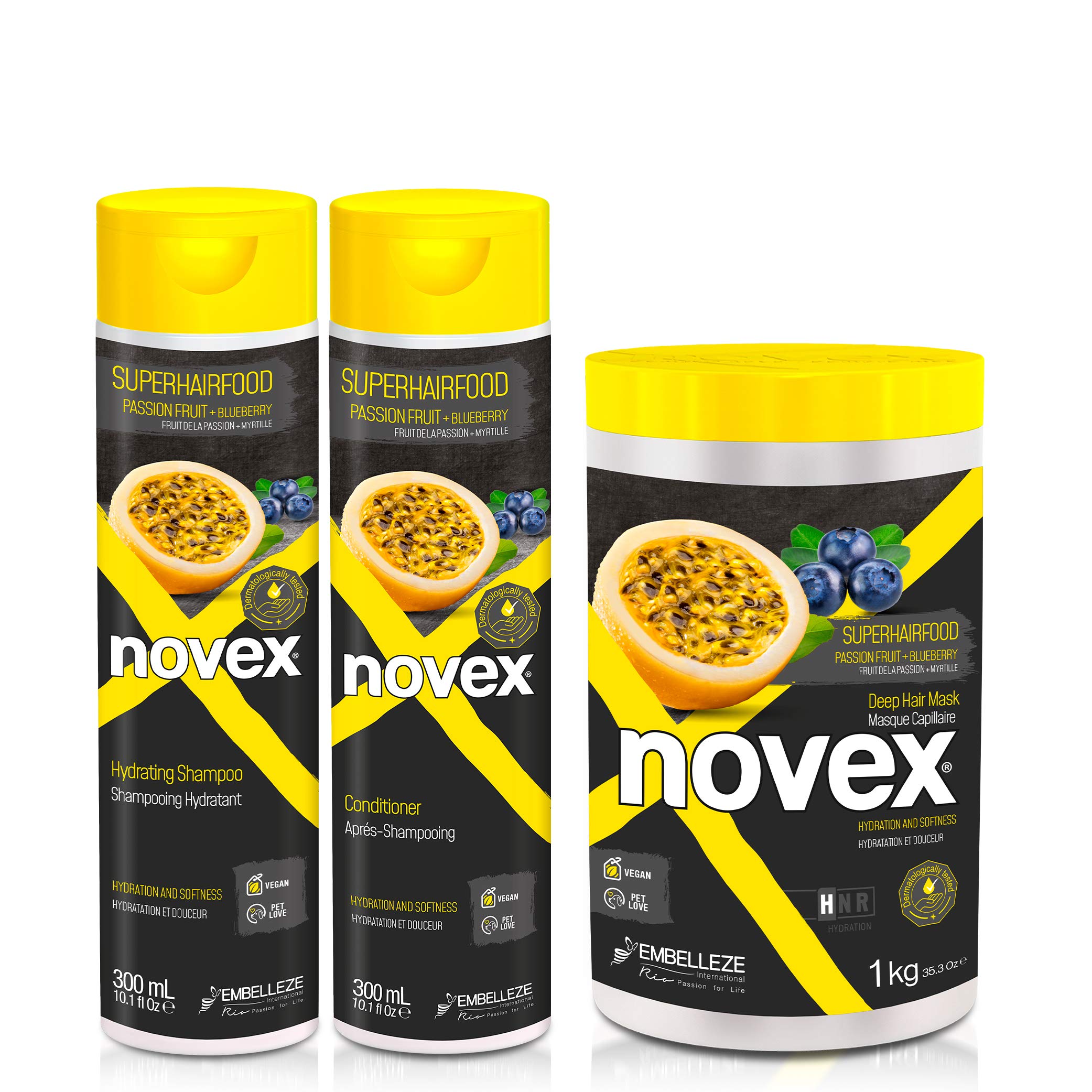 Novex Shampoo, Conditioner and Hair Mask Set Bundle, shampoo and conditioner, Protein hair treatment, Strength and Reconstruction of the Hair (passion fruit and goji berry)