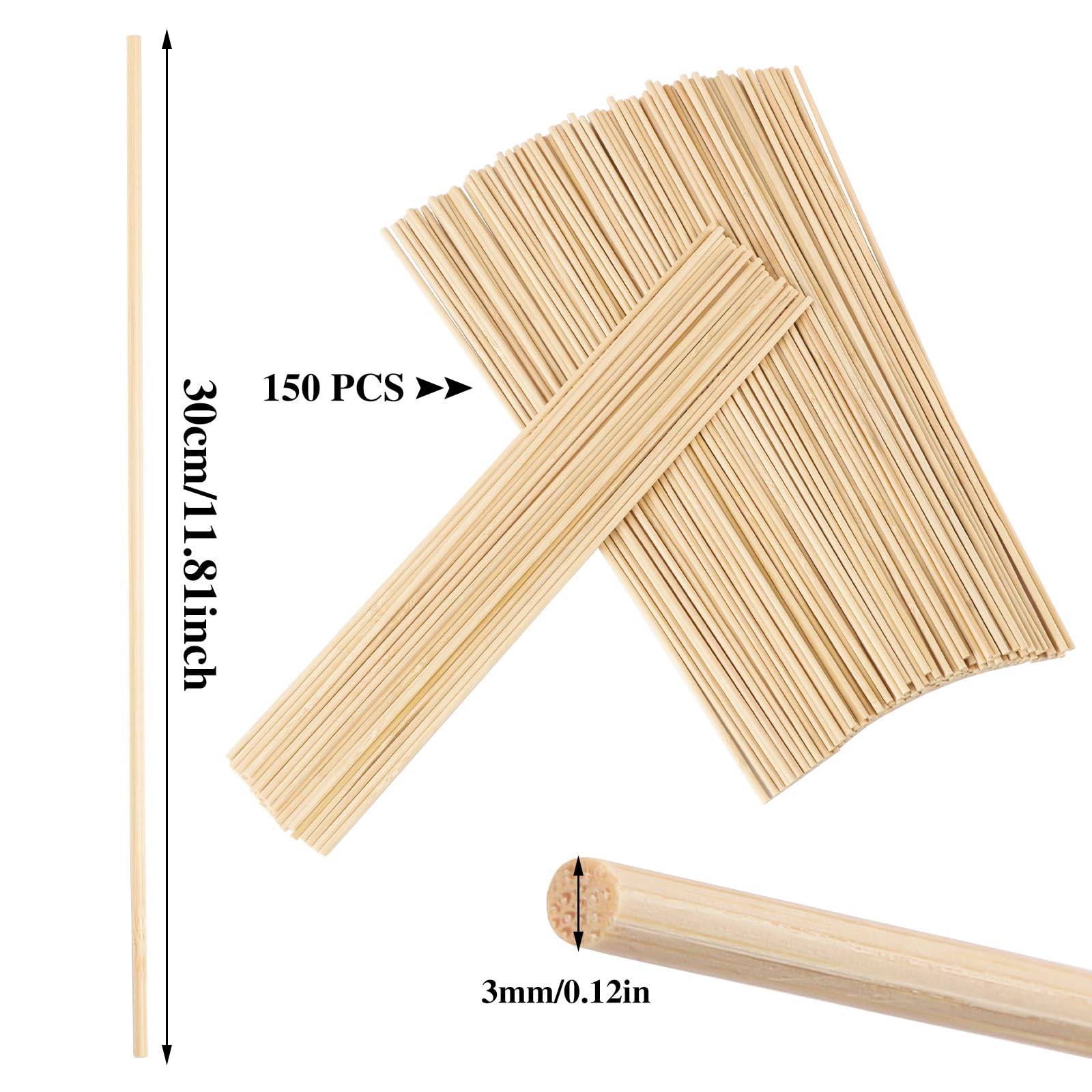 150 Pcs Dowel Rods, 1/8 x 12 Inch Wooden Dowels Craft Wood Sticks Unfinished Natural Bamboo Dowling Rods for Crafts and DIYers