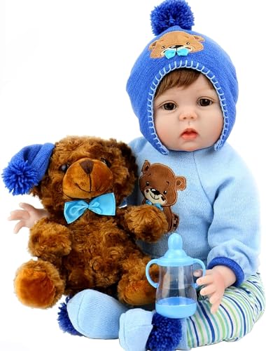 Aori Reborn Baby Dolls Boy 22 Inch Realistic Lifelike Newborn Baby Doll with Teddy Toy and Doll Accessories for Children 3+