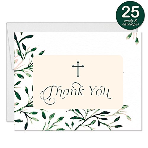 DB Party Studio Baptism Invitations ( 25 ) & Matching Thank You Cards ( 25 ) Set with Envelopes, Pretty Delicate Leaf Design 5 x 7" Fill-in Invites & Folded Thanks Notes Baby Infant Christening Pair