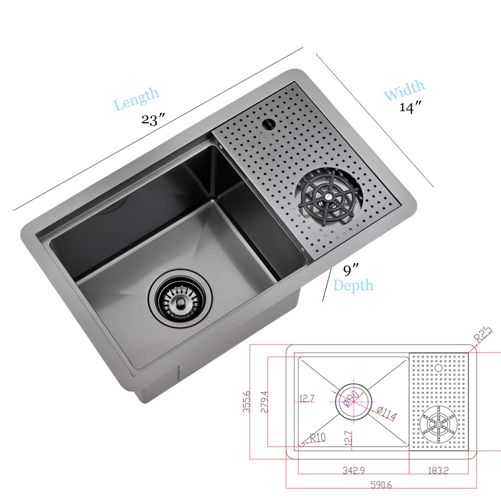 23 Inch Black Undermount Bar Sink with Glass Rinser-Bokaiya 23x14 Black Stainless Steel Undermount Workstation Sink Bar Prep Sink 16 Gauge Single Bowl Undermount Kitchen Sink with Cup Washer