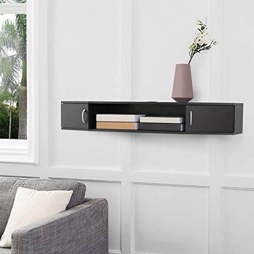 FITUEYES Wall Mounted Desk Hutch with Door, Modern Floating Console Media Cabinet,Black