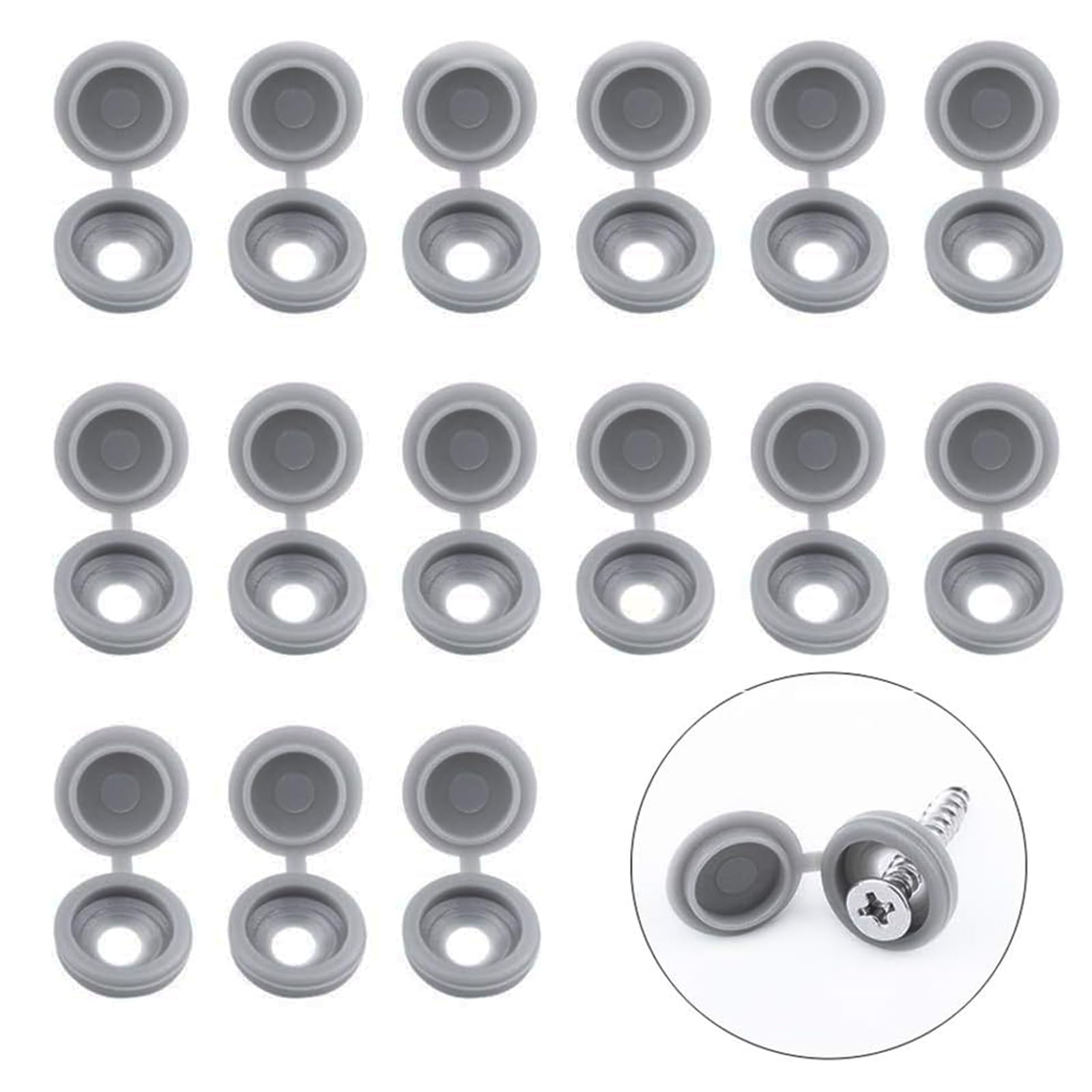 INCREWAY Screw Covers, 100pcs Gray Plastic Screw Cap Hinged Fold Over Caps Rubber Dust Washer Flip Tops with Storage Box (Gray)
