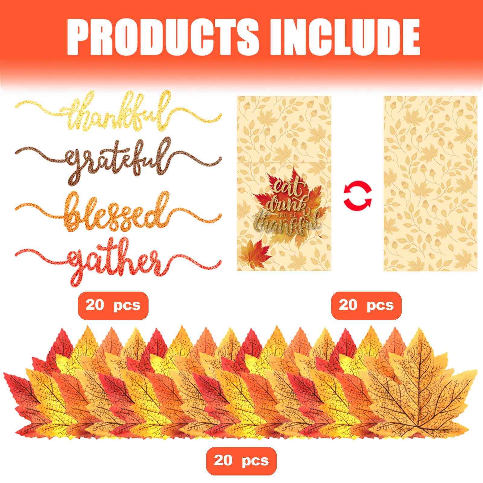 60PCS Thanksgiving Table Decor,20 Thanksgiving Cutlery Holder 20 Thankful Words Cutout Card Decor Glitter Table Place Card 20 Maple Leaf Placemats Decorations for Thanksgiving Turkey Utensil Décor