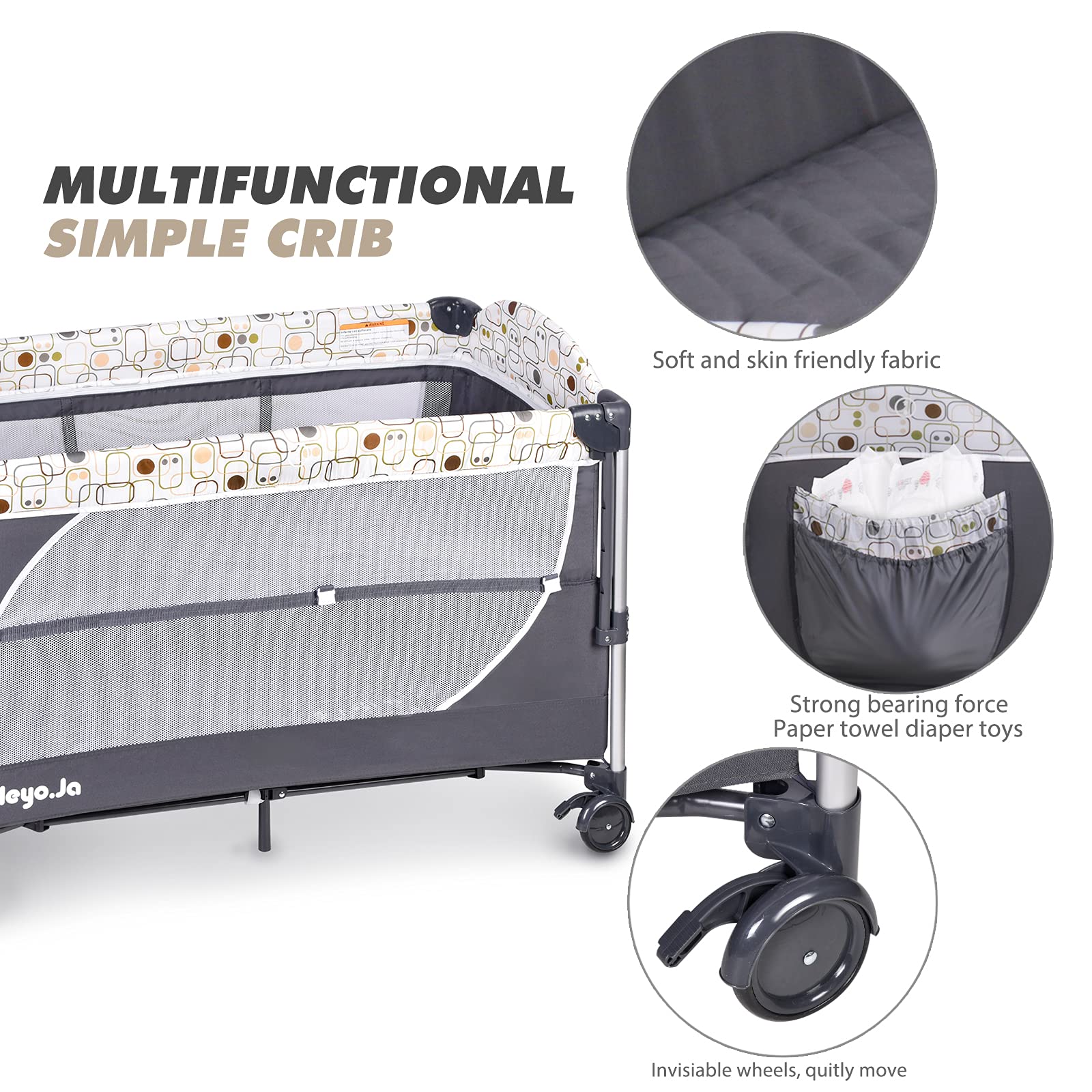 Heyo.Ja Double Layer Baby Portable Playard, 5 Height Adjustable Crib,Changing Table, Foldable Bassinet Bed with Luxury Mosquito Net,Toys Bag,Wheels & Brake, Game Entrance for Boys Girls(Grey)