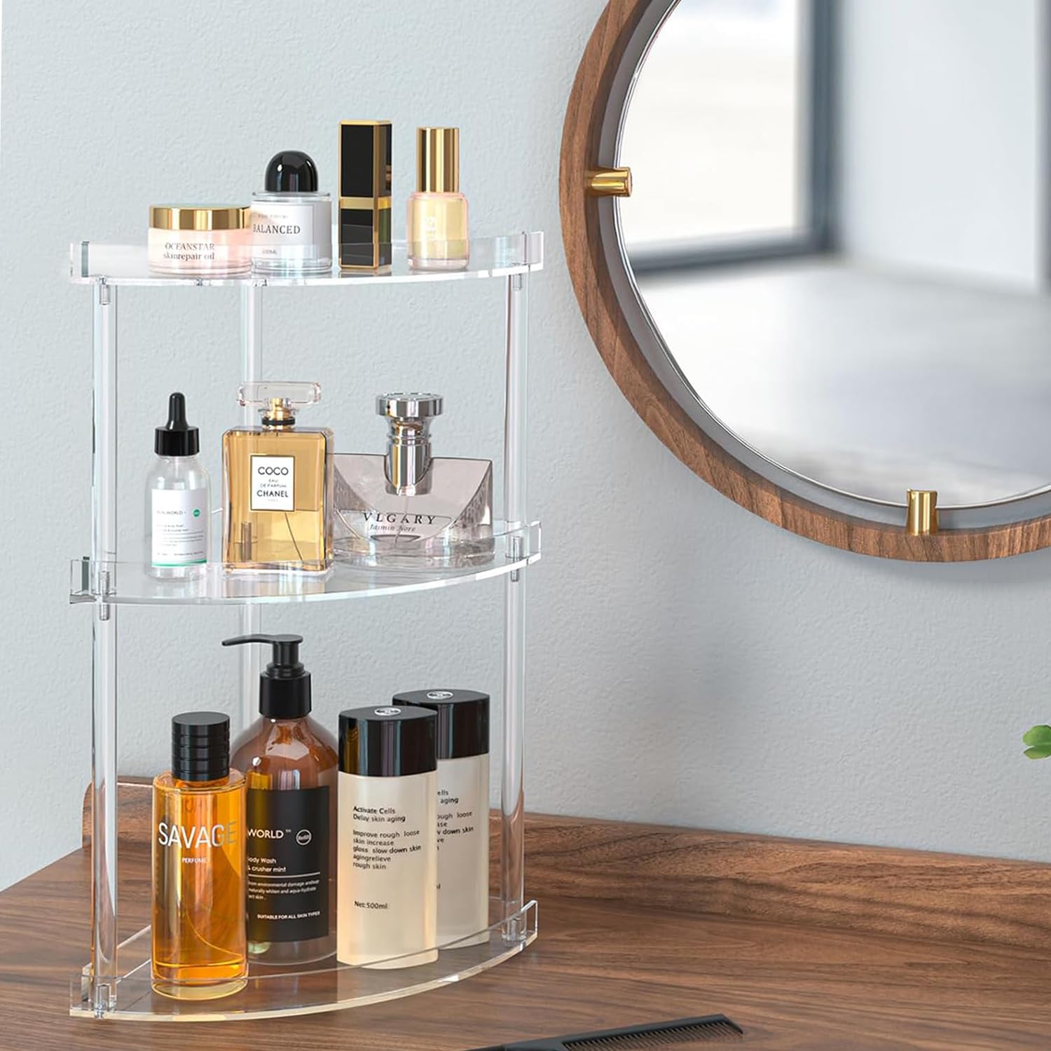 3 Tier Acrylic Bathroom Counter Organizer and Storage Clear Corner Bathroom Countertop Organizer, 3 Tier Corner Storage Shelf Vanity Trays, Home Storage Holder for Makeup Cosmetics Perfume Organizer