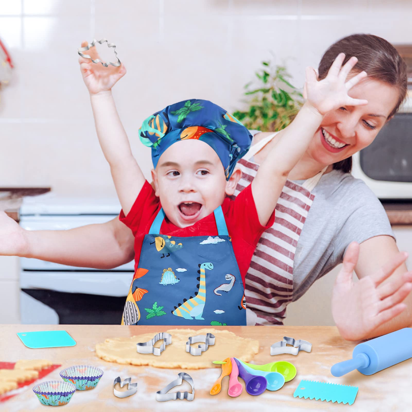Aoskie Kids Baking Set with Dinosaur Apron and Chef Hat, Cooking Chef Set Baking Supplies Dress Up Role Play Toys Gift for 3-8 Years Old