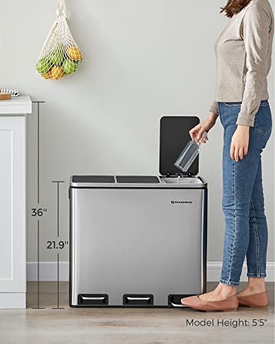 SONGMICS Trash Can, 3 x 4.8 Gallon Garbage Can, 14.4 Gallon Recycle Bin with Soft-Close Lids, Pedals, and Inner Buckets for Kitchen, Stainless Steel, Silver and Black ULTB54NL