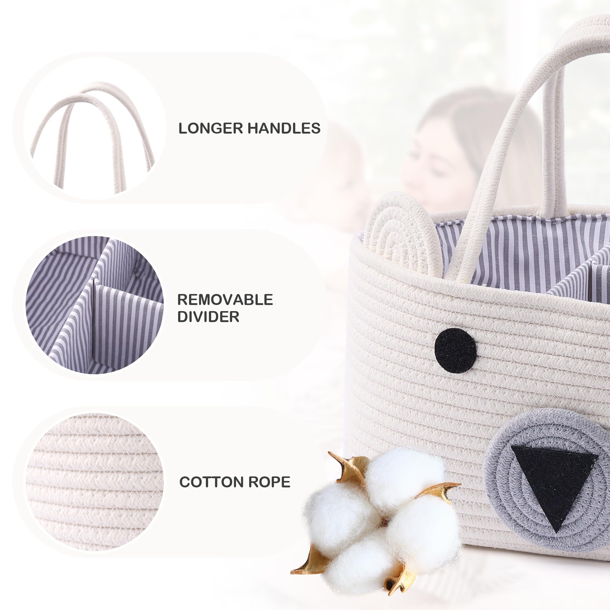InfiBay Baby Diaper Caddy Organizer, Baby Nursery Storage with Removable Dividers and Sturdy Handles, Cute Bear Basket, Cotton Rope Baby Basket, Portable Diaper Storage Basket