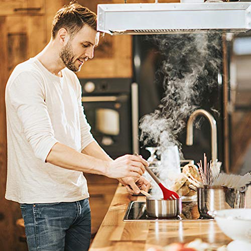 KUFUNG Silicone Slotted Serving Spoon, Wooden Handle Nonstick Mixing Spoon, Heat resistant up to 480°F. Silicone Kitchen Cooking Utensils Non-Stick Tool for Draining & Serving (Red)