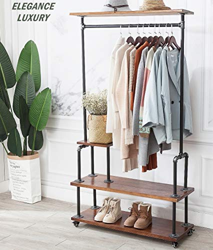 DOFURNILIM Industrial Clothing Rack, Pipe Style Rolling Garment Rack, Heavy Duty Steampunk Clothes Rack, Hall Tree on Wheels with Shelf and Shoes Storage for Home, Retail Store, Rustic Wood