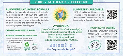 Auromere Ayurvedic Herbal Toothpaste, Cardamom Fennel, Foam Free - Vegan, Natural, Non GMO, SLS Free, Fluoride Free, Gluten Free, with Neem & Peelu (4.16 oz), 2 Pack