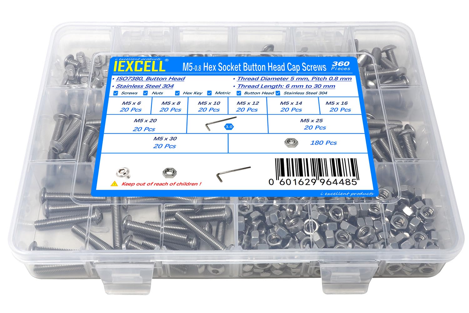 iexcell 360 Pcs M5 x 6/8/10/12/14/16/20/25/30 Stainless Steel 304 Hex Socket Button Head Cap Screws Bolts Nuts Assortment Kit