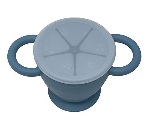 BraveJusticeKidsCo | Snack Attack II Snack Cup | Collapsible Silicone Snack Container | Toddler and Baby Snack Catcher Lid (Blue Steel)