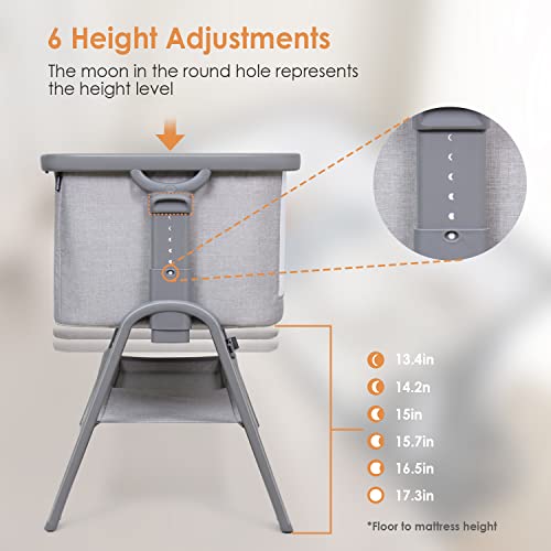 Beberoad Love Baby Bassinet Beside Sleeper for Baby Lightweight Portable 6 Heights Adjustable Beside Crib Baby Bed Cradle for Newborns Infants with Mattress Wheels Storage Basket Travel Bag Light Grey