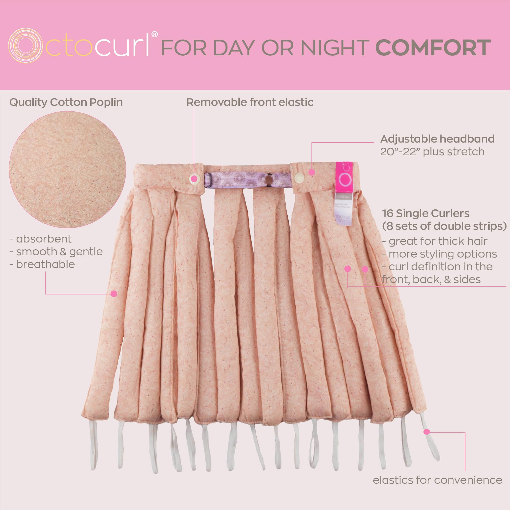 Octocurl Heatless Curls Headband - Hair Curlers to Sleep In - Heatless Curlers for Long Hair (Cotton - Pink)