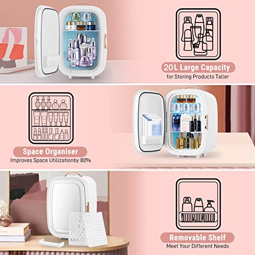 BUXFMHT 20L Mini Fridge, Skincare Fridge, Makeup Fridge with LED Mirror, AC/DC Portable Thermoelectric Cooler and WarmerSmall Fridge, Eco & Quiet Mini Refrigerator for Bedroom, Comestic Storage