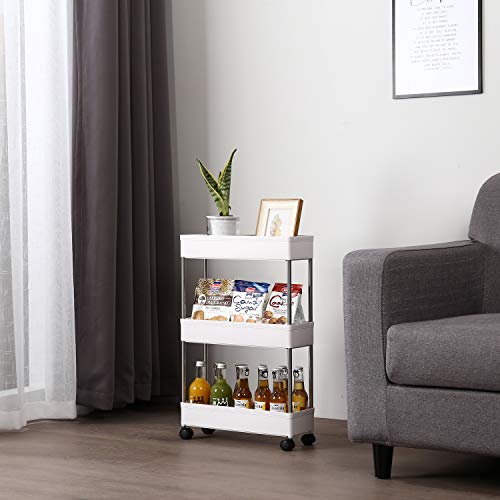 3 Tier Slim Storage Cart, Bathroom Storage Organizer Mobile Multi Functional Slim Storage Cart Rolling Utility Cart Tower Rack for Kitchen Bathroom Laundry Narrow Places