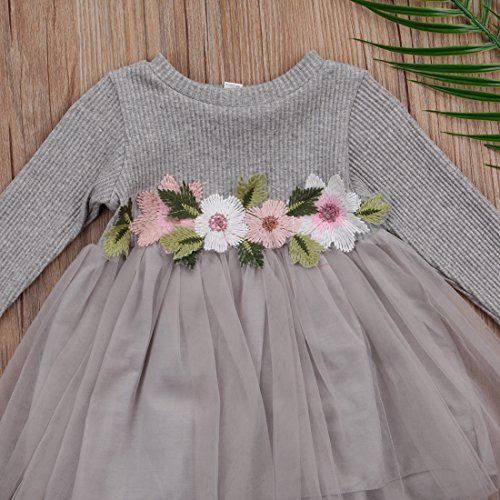 Mubineo Toddler Girl Long Sleeve Knit Dresses Baby Infant Flower Tutu Spring Fall Dress (Grey, 12-18 Months)
