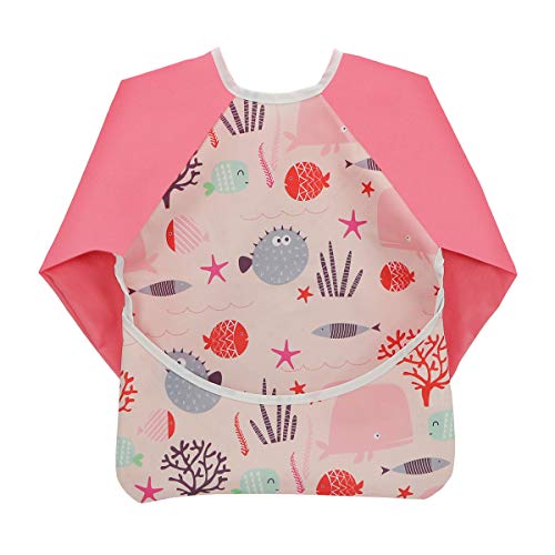 Hi Sprout Infant Toddler Baby Waterproof Sleeved Bib, Bib with Sleeves&Pocket, 6-24 Months (Pink Fish)