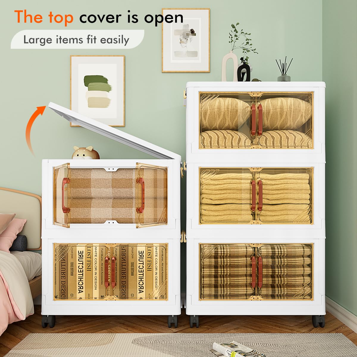 3 Tier Stackable Storage Bins with Lids and Wheels, 88 Qt Organizers and Storage, Collapsible Storage Containers, Organization and Storage Boxes for Living room, Bedroom, Office