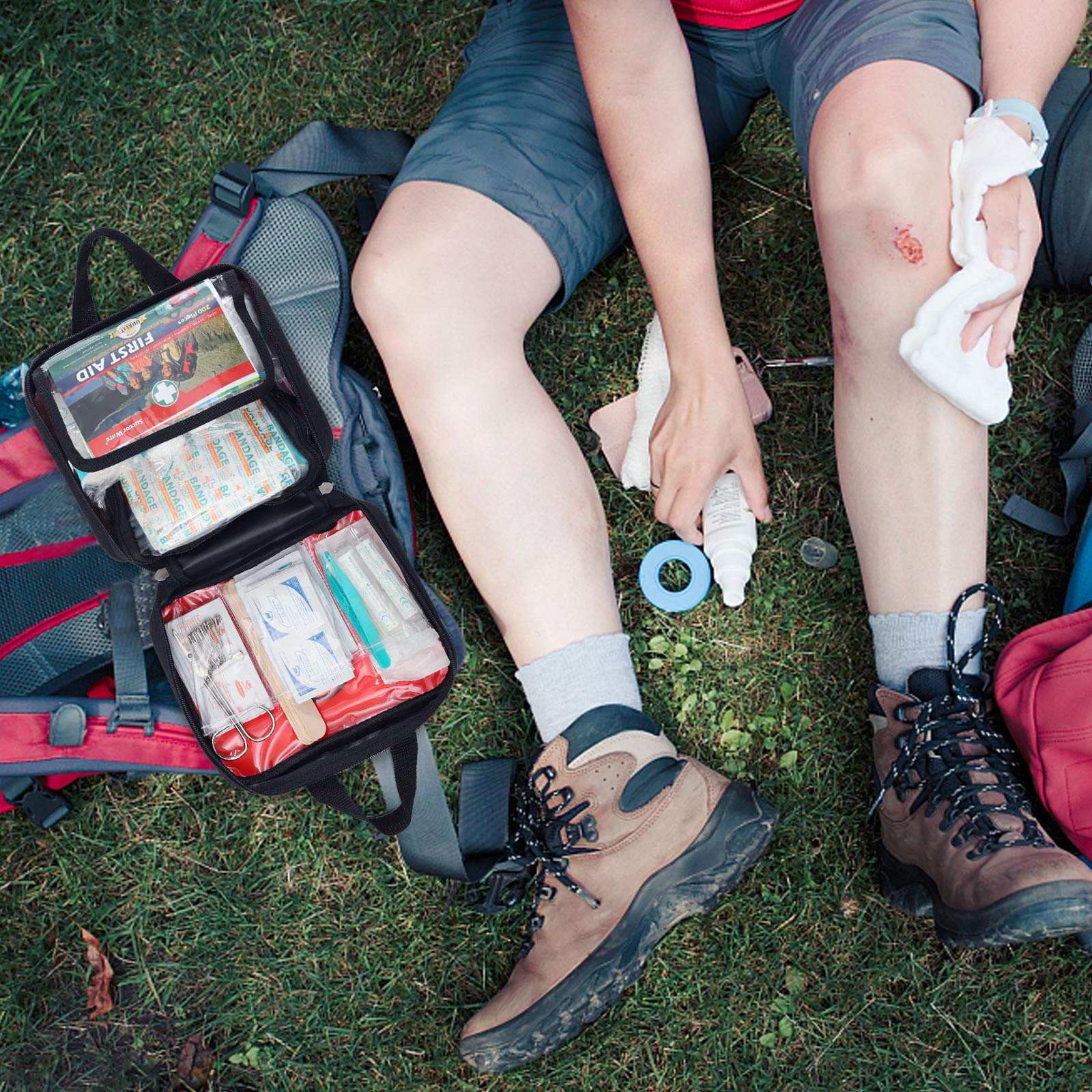 200 Pieces First Aid Kit with Hospital Grade Medical Supplies - Includes Emergency Blanket, Bandage, Scissors - Great for Home, Outdoors, Office, Car, Travel, Camping, Hiking, Boating (Red)