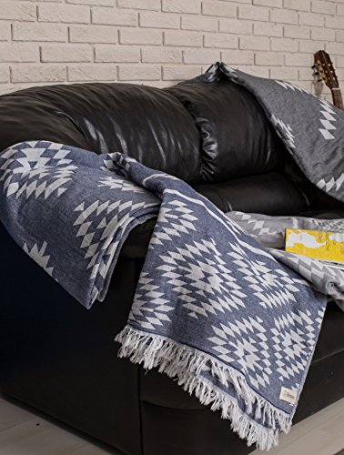 Bersuse 100% Cotton Teotihuacan XL Throw Blanket Turkish Towel - 75x90 Inches, Dark Blue