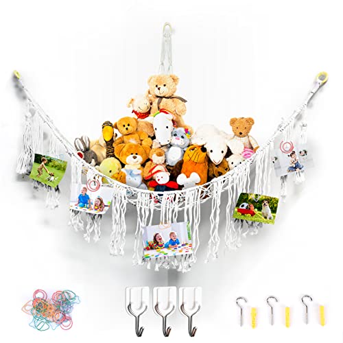 CBEC Toy Hammock Stuff Animals Toy Organizer Storage Net Plush Toy Handwork Net Macrame Boho Hanging Toy Net with Tassels Corner storage and Toy organizer for Nursery Playroom Bedroom Kidroom White
