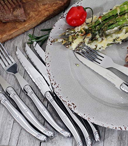 Laguiole 8-Piece Stainless Steel Forks & Steak Knife Set – 4 Steak Knives & 4 Steak Forks Silverware Set – Smooth Cut Serrated Knife Blade – Dishwasher Safe, Luxurious Steak Knives and Fork Set