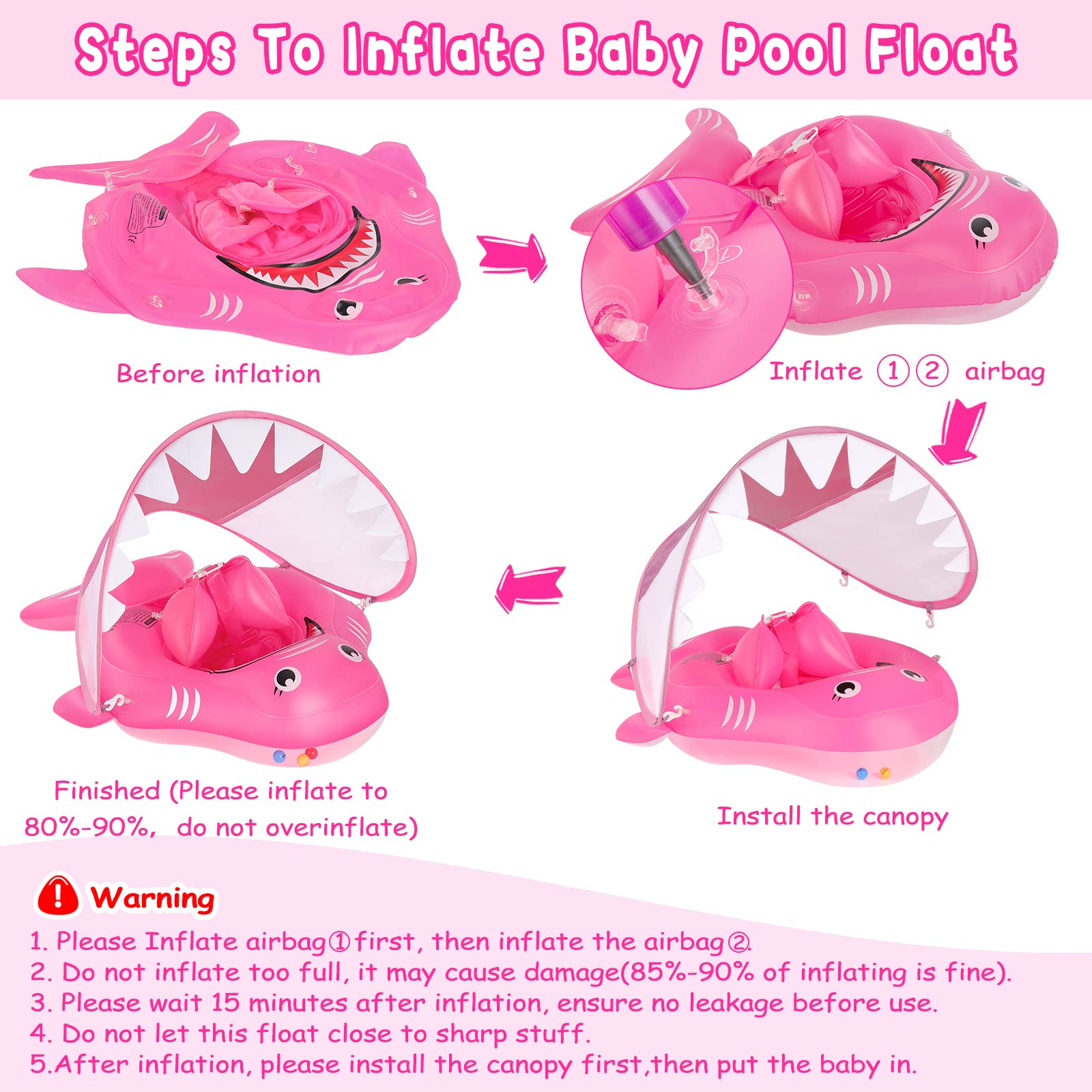Baby Pool Float, Infant Swimming Float with Sun Protection Canopy Inflatable Floaties for Toddlers Shark Baby Swim Floats Ring for Pool Bath Toys for Newborn 3-36 Months