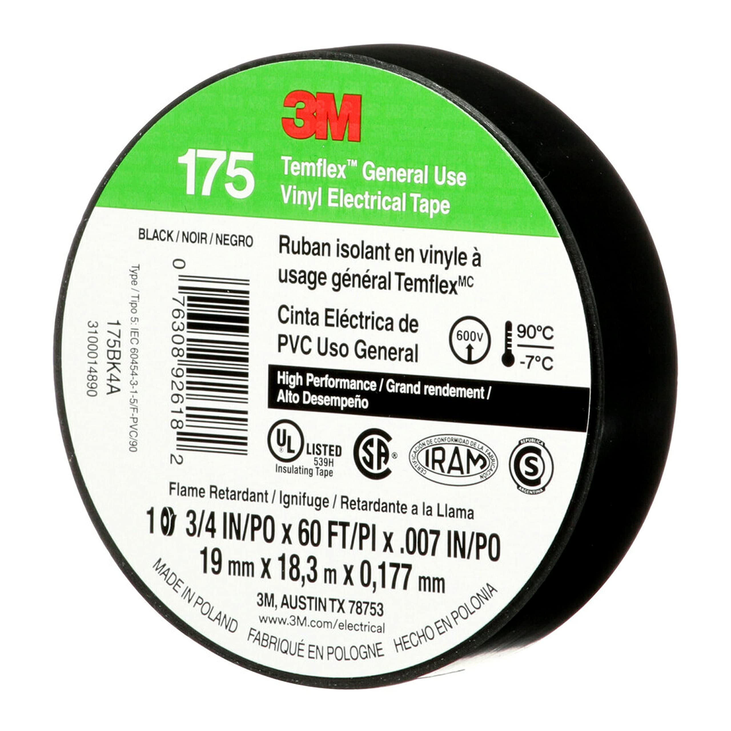 3M Temflex Vinyl Electrical Tape 175, Flame Retardant, Pressure-Sensitive Adhesive, Electrical and Mechanical Protection, Black, 7 mil, 3/4 in x 60 ft, 10 Rolls