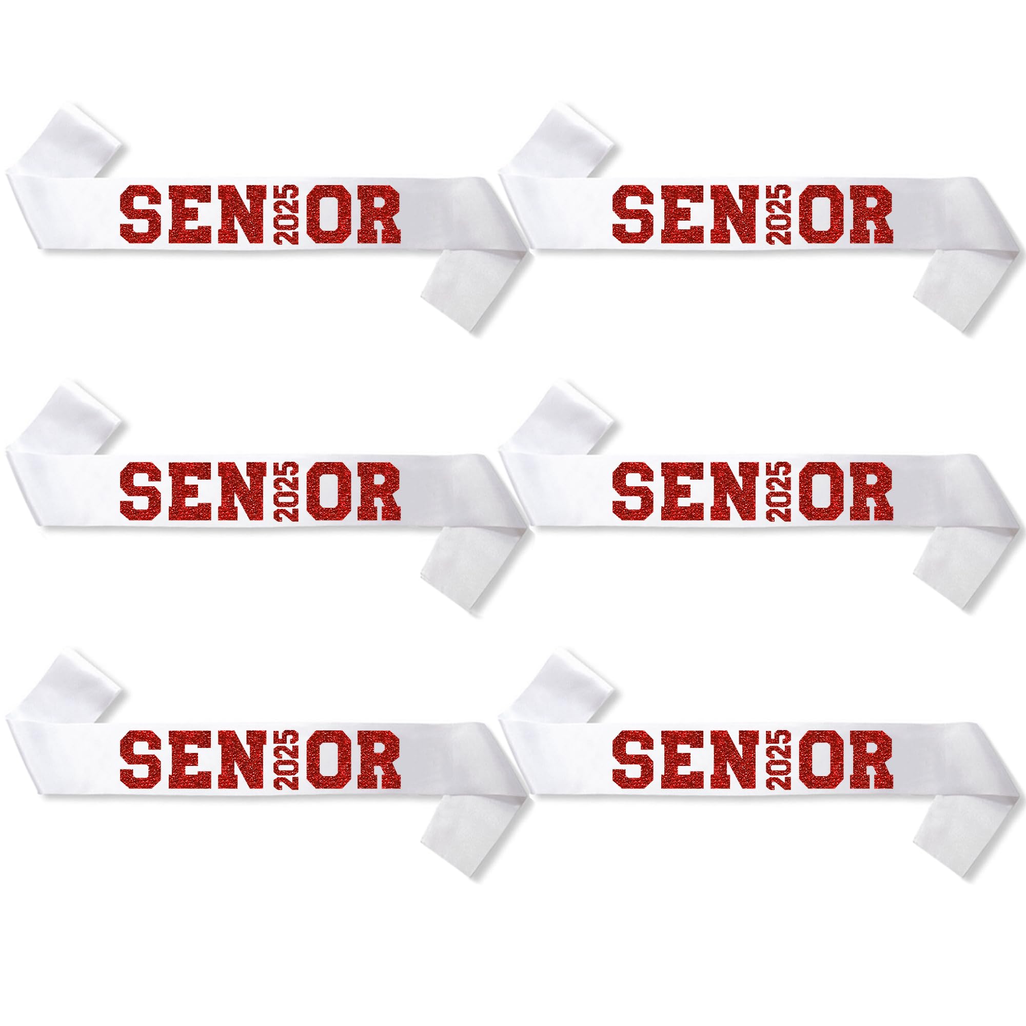 6Pcs White Senior 2025 Satin Sashes with Red Glitter Letters- 2025 Graduation Celebrations Sashes - Senior Cheer Sash - Cheerleader Sash - Class Competition Sashes
