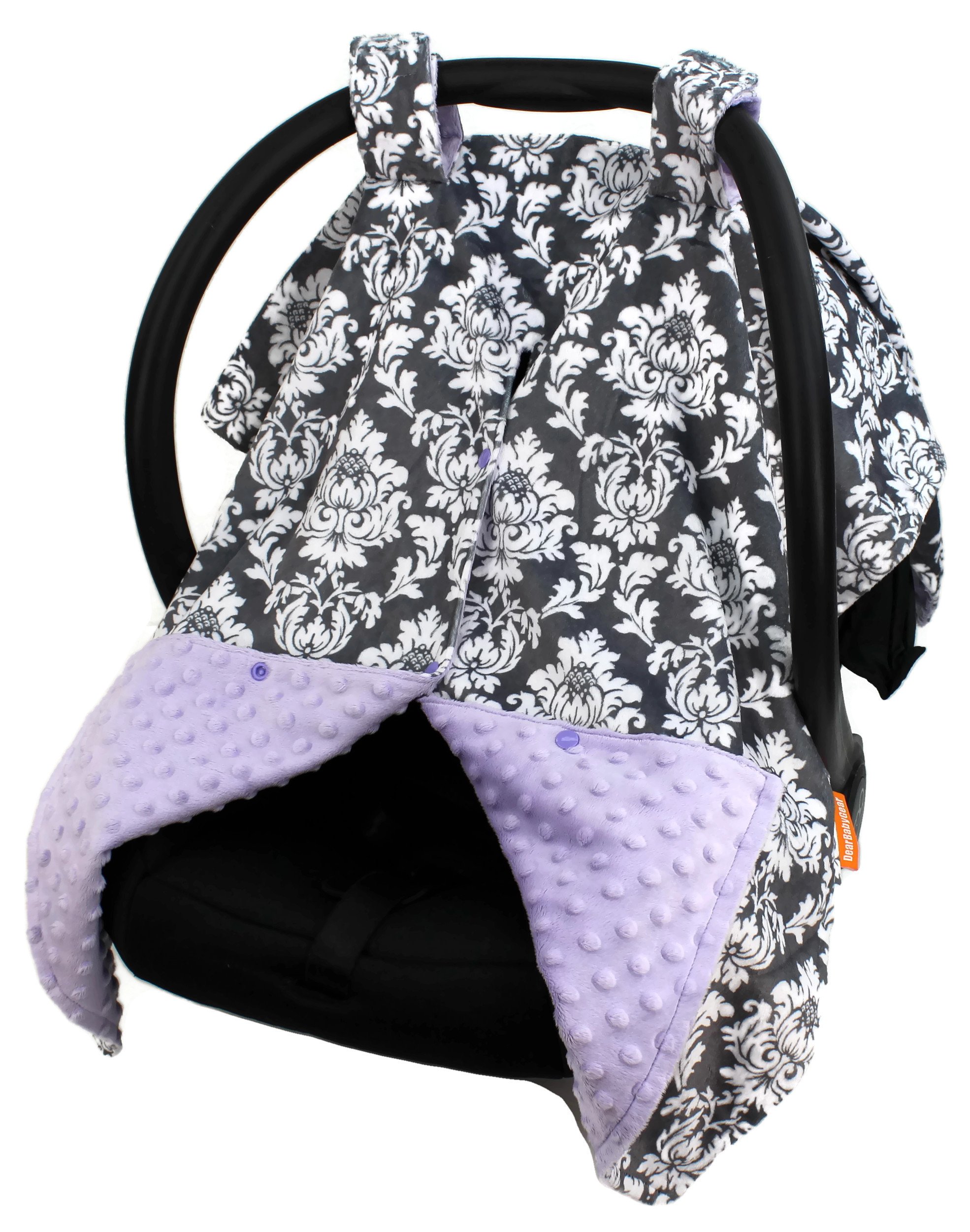 Dear Baby Gear Deluxe Car Seat Canopy, Custom Minky Print Grey and White, Lavender Minky Dot