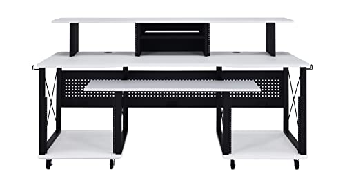 Acme Furniture Megara 72" x 30" Rectangular Metal Storage Music Desk, Included Wheels, Multiple Functional & Storage Spaces, in White and Black Finish