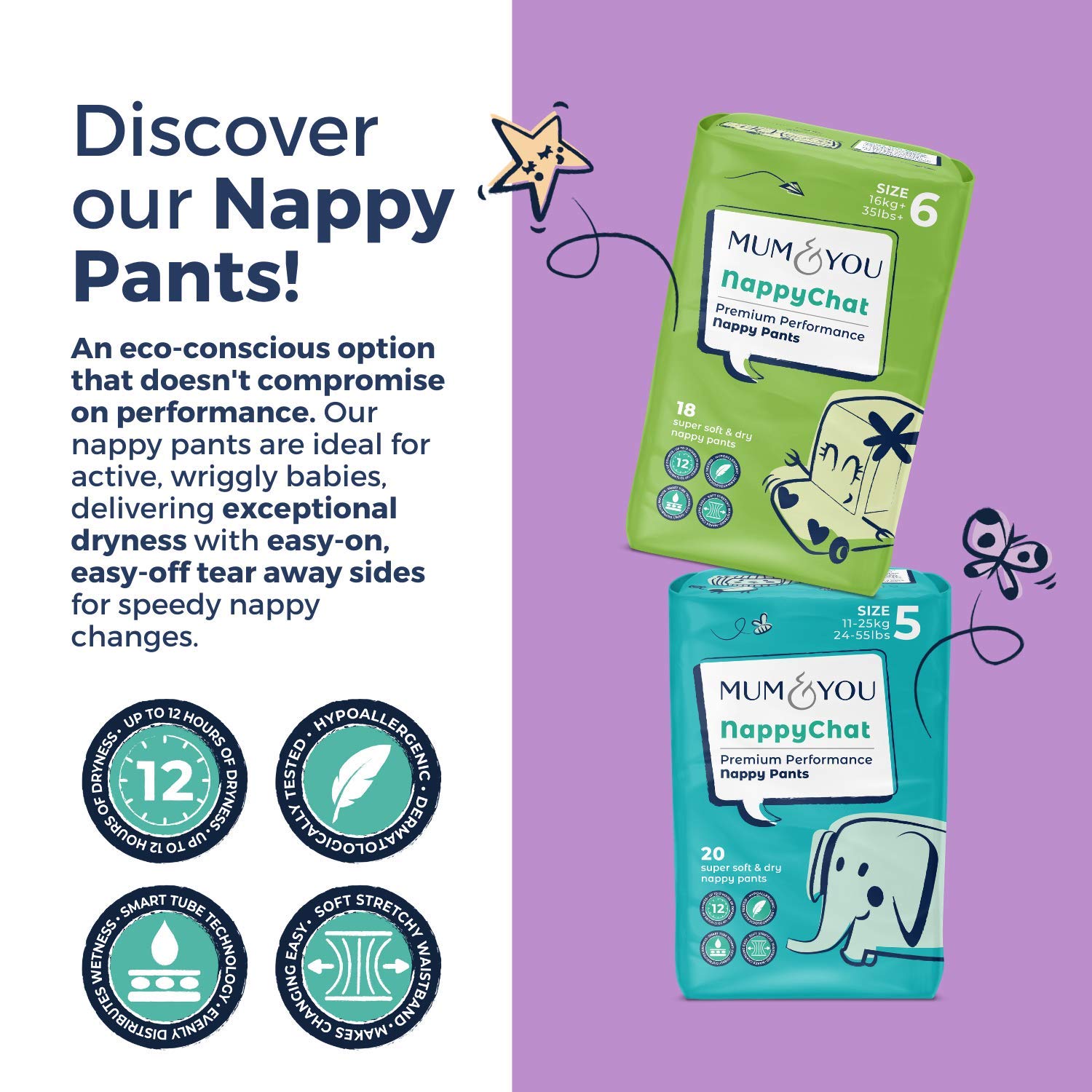 Mum & You Nappychat Premium Performance Eco Diapers, Size 3 (42 Diapers) Smart Tube Technology. Leak Protection. 100% Recyclable. Hypoallergenic, Dermatologically-Tested. No Lotion, Perfume or Dyes.